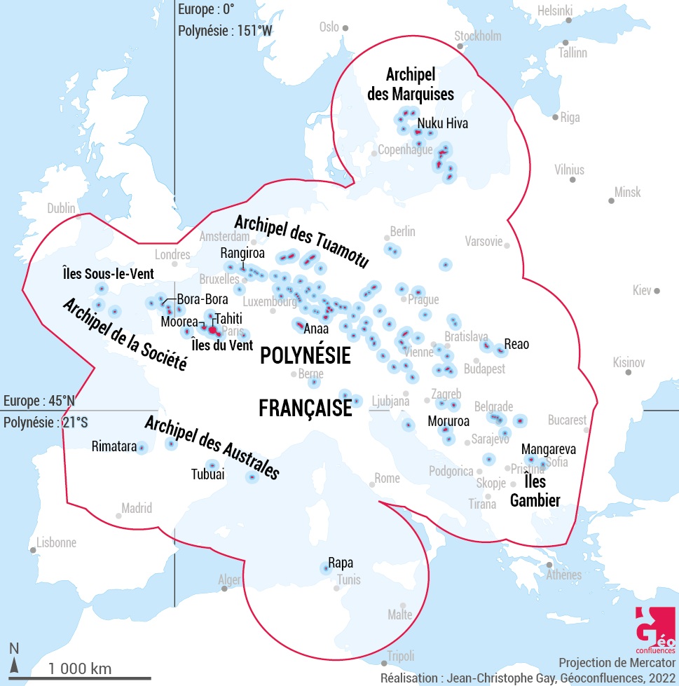 Comparison of the size of French Polynesia and Europe - Practical Tahiti